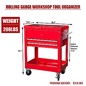 HPDMC Steel Tool Service Utility Push Cart with Lockable Drawers & Sliding Top, 27.8" L x 14.6" W x 32.7" H, 212 lbs Loading Capacity, 2-Drawer Garage Workshop Rolling Storage Tool Chest