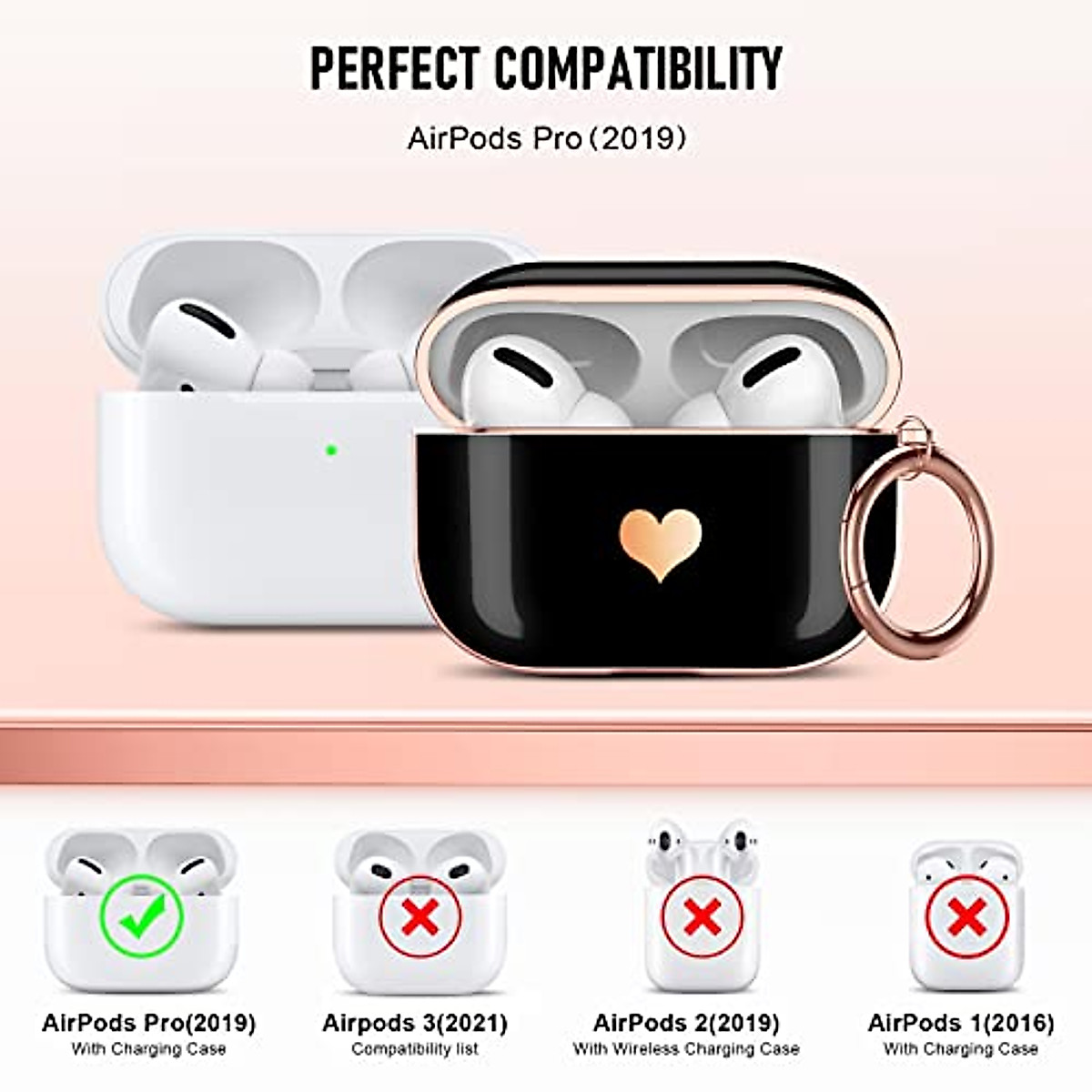 Maxjoy Airpods Pro case Cover,Cute Electroplating with Gold Heart Pattern with Lanyard Shockproof Cover for Girls Woman Airpods Pro case-Black