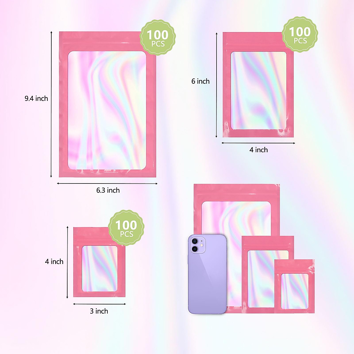 100PCS Smell Proof Mylar Bags Holographic Packaging Pouch Bag with Clear Window,3x4inch Resealable Ziplock Foil Pouch Bags for Food Storage, Candy, Jewelry, Electronics Storage (Pink)