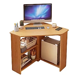 HEVIRGO Corner Desk,90 Degrees Triangle Computer Desk,Bedroom Makeup Vanity Desk,Desk with Drawers and Open Shelves,Small Space Industrial Desk for Home Office,Workstation,Living Room Light Brown