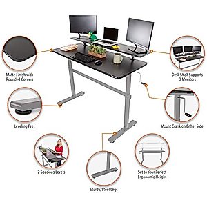 Stand Steady Tranzendesk 55 in Standing Desk with Clamp On Shelf | Easy Crank Height Adjustable Stand Up Workstation w/Attachable Monitor Riser | Holds 3 Monitors & Adds Desk Space (55/Silver Base)