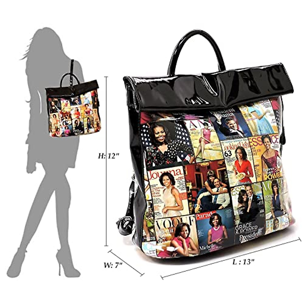 Michelle Obama Magazine Cover Collage Backpack Womens Fashion Purse Handbag (#B-Multi/BK)