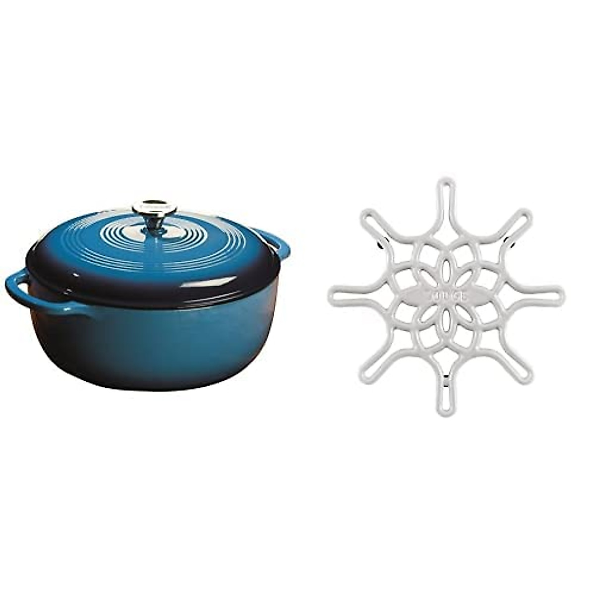Lodge EC7D33 Enameled Cast Iron Dutch Oven, 7.5-Quart, Caribbean Blue & EC8ST13 Enameled Cast Iron, 8 Inch, Oyster Trivet