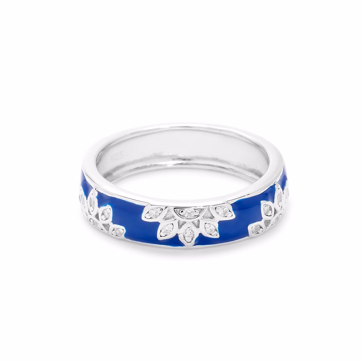 EVE'S ADDICTION Women's Sterling Silver Blue Enamel CZ Daisy Flower Ring (ring size 6) - Sterling Silver Rings for Her - April Birth Month Flower Jewelry - Birthday Gift for Her - Gifts for Mom