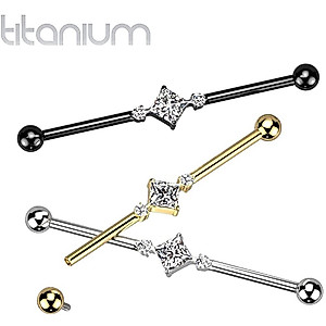 Covet Jewelry Titanium Internally Threaded Industrial Barbell With 2 Round CZ and Square Center (Gold/Clear)