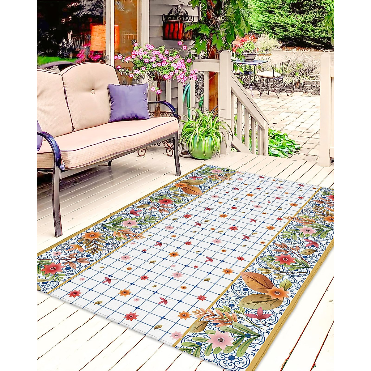 Outdoor Rug Waterproof Mat 4' x 6' for Patio, Summer Fall Ceramic Tile Floral Outside Indoor Non-Slip Front Door Mat RV Camping Carpet Area Rug for Balcony Picnic Beach Deck