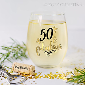 50 and Fabulous Gifts for Women Stemless Wine Glass 50th Birthday Gift for Her 0043