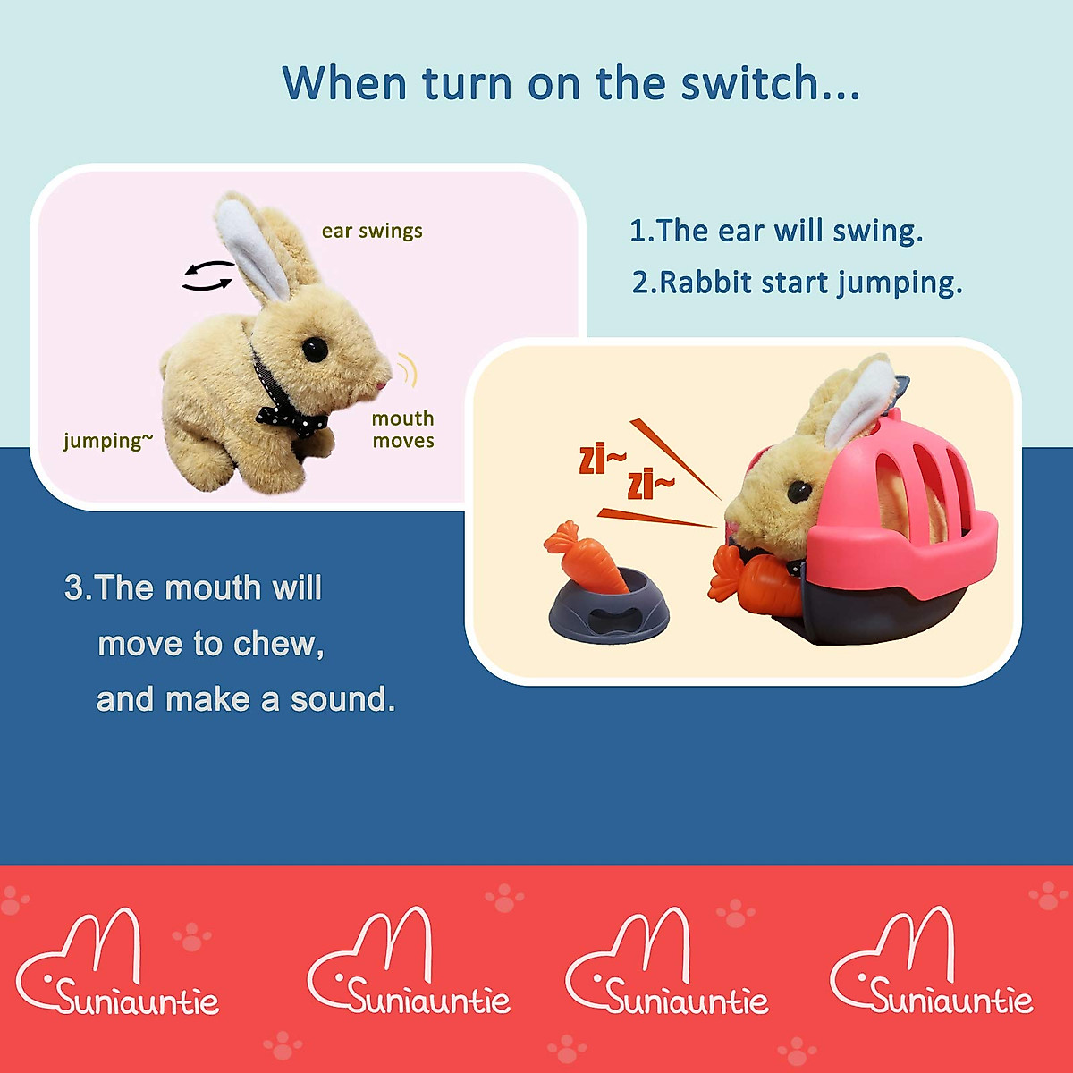 Suniauntie Interactive Bunny Rabbit Stuffed Animal, Easter Gift for Kids, Electric Plush Toy with Sound & Movements, Play House Set