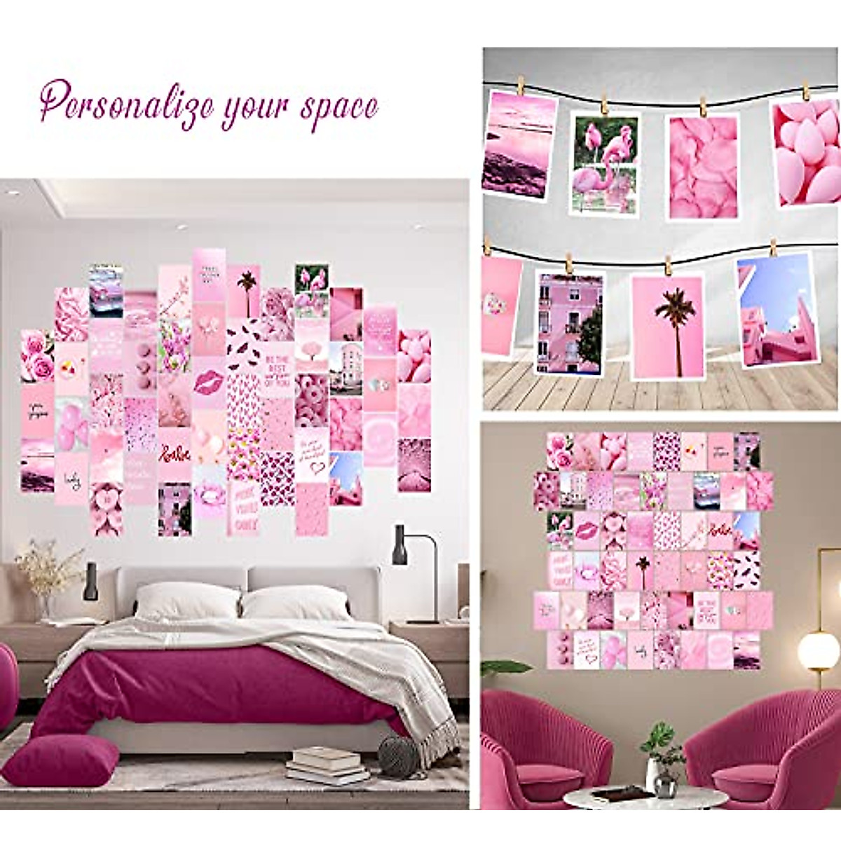 WOONKIT Pink Wall Collage Kit Aesthetic Pictures, Collage Kit for Wall Aesthetic, Pink Room Wall Bedroom Dorm Decor, Room Decor for Teen Girls, Trendy Teen Pink Collage Kit, 50pcs 4x6 inch