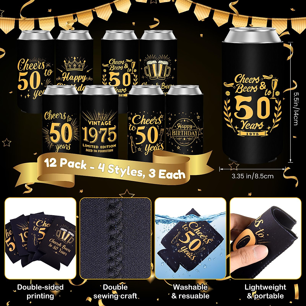 Slim Can Cooler Sleeves 12 Pack, Neoprene Skinny Can Coolers for 12 oz Standard Cans Cup,50th Birthday Party Favor Decorations for Men Women Funny Party Supplies (50th Birthday Party)