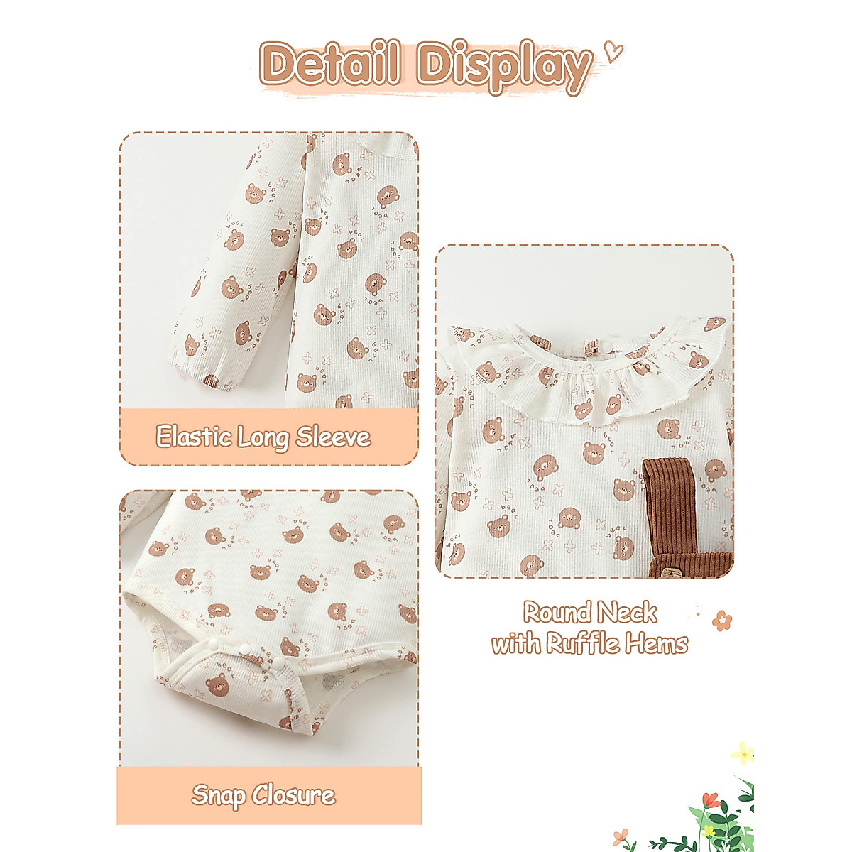 YENTAKE Newborn Baby Girl Dresses Clothes Long Sleeve Ruffle Romper Infant Suspender Skirt Set Baby Overall Fall Outfits (Brown, 12-18M)