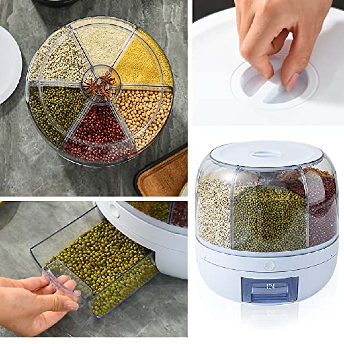 VIKKSAER Rotating Grain Dispenser, 6 Grid Rotating Food Dispenser With Button Moisture Resistant Household, Cereal Containers For All Beans, Barley, Millet (8.2Qt)