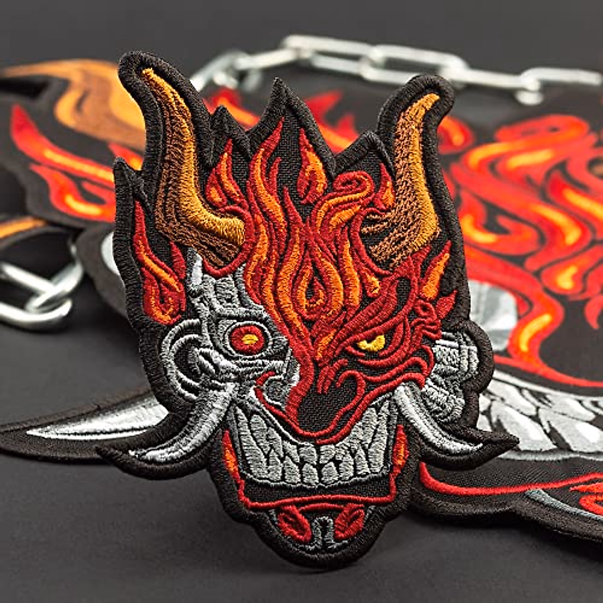 Cyberpunk Oni Demon Patch, Small Embroidered Game Emblem for Cosplay Costume, Iron On 3.3 x 3.7 inches