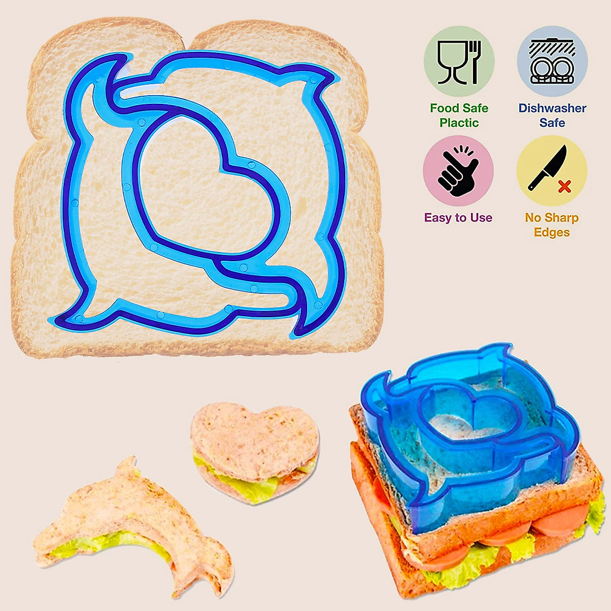 Sandwich Cutter and Sealer, 6 Pcs Bread Decruster Sandwich Cutter Pancake Maker Dinosaur Butterfly Dolphin Heart Puzzle Shape DIY Cookie Sandwich Cutters for Kids Bento Box