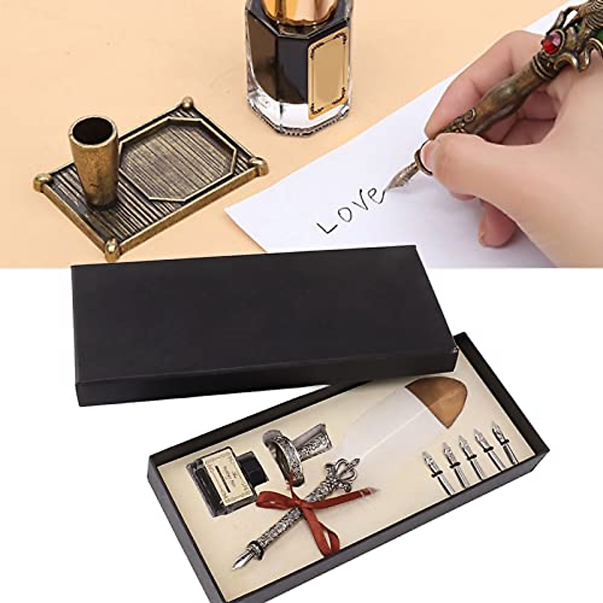 Feather Pen and Ink Set, Glittering Quill Pen Set Antique Calligraphy Dip Pen with Ink, 2 Replacement Nibs, Pen Stand Base, Luxury Vintage Signature Pen