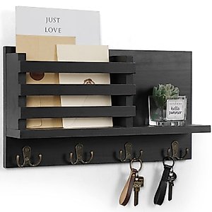 Lwenki Key & Mail Holder for Wall - Rustic Natural Paulownia Wood, 4 Double-Hook Hangers - Wall Mounted Organizer for Decor, Bags, Accessories - Hardware & Manual Included (Black)