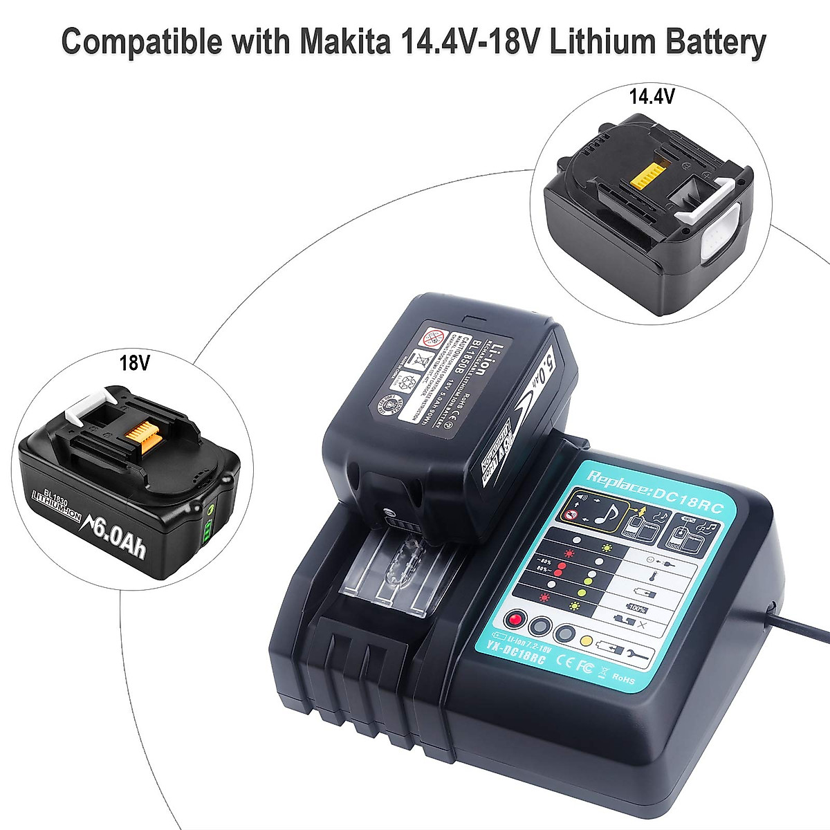 Elefly DC18RC Compatible with Makita 18V Battery Charger DC18RA DC18RD, Compatible with Makita 14.4V-18V LXT Lithium Battery BL1860 BL1850 BL1840 BL1830 BL1815 BL1430 BL1450