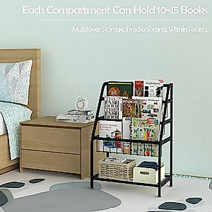 Azheruol Kids Bookshelf Freestanding for Children Room 25 Inches Black Metal Bookcase Large Capacity Books Toys Organizer Stable 5 Tiers Kids Book Rack for Playroom Bookstore Library.