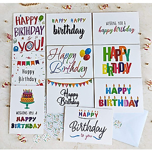 100 Happy Birthday Cards Bulk, Large 5x7 Inch Assorted, with Envelopes ,Stickers and Simple Greetings Inside , 10 Unique Designs, Thick Card Stock Box Set