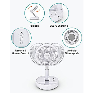 Primevolve Portable Oscillating Standing Fan,Rechargeable Battery Operated USB Floor Table Desk Fan with Remote, 4 Speed Settings Pedestal Fans for Bedroom Office Camping Fishing Travel White 7.7"