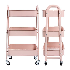 AGTEK Makeup Cart, Movable Rolling Organizer Cart, 3 Tier Metal Utility Cart, Rosiness