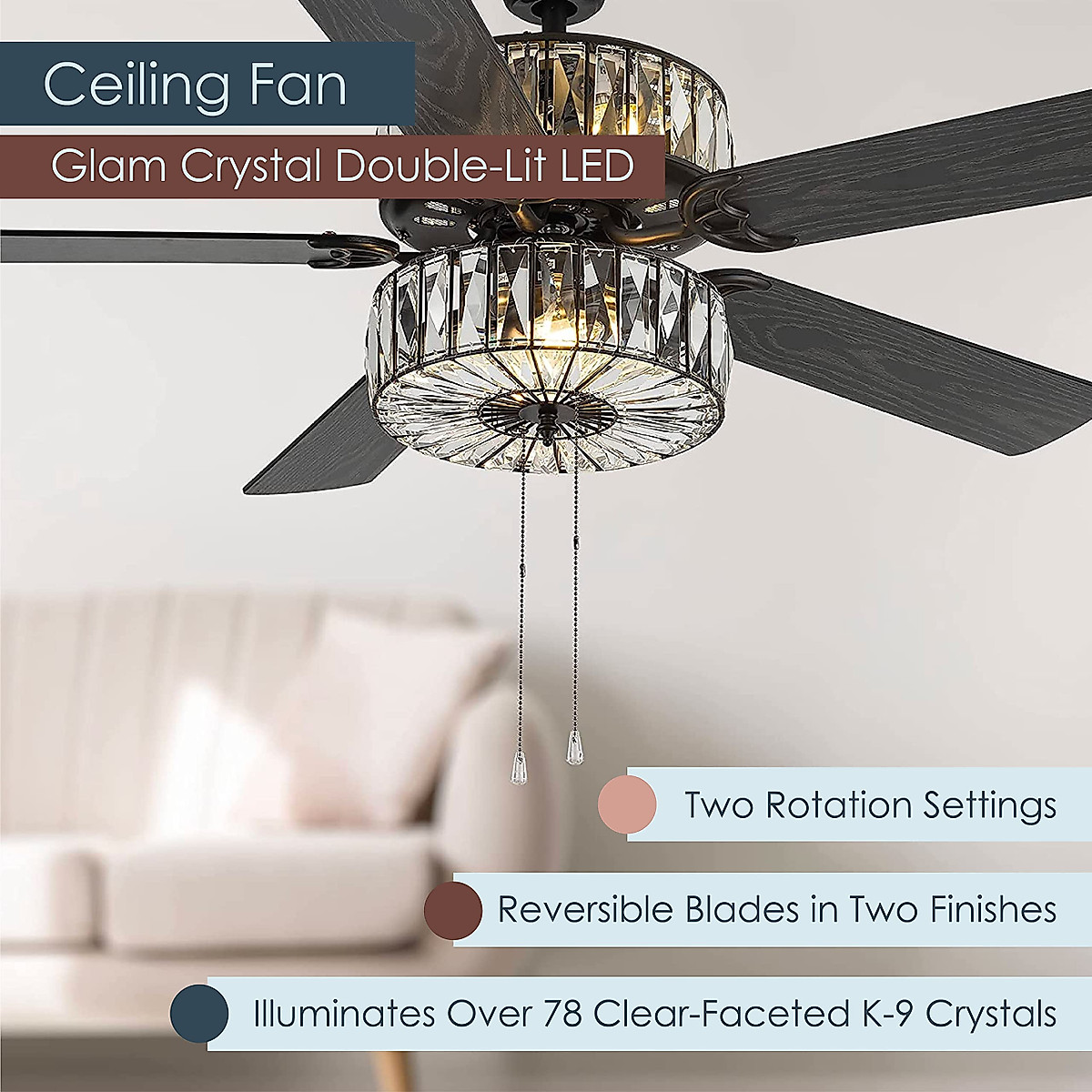 RIVER OF GOODS Glam 52 Inch Width Double-Lit LED Ceiling Fan, Clear