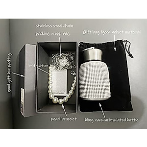 Bling Stainless Steel Diamond Water Bottle Crystal Rhinestone Cute Vaccume Insulated Thermal Flask with Chain and Pearl Bracelet (300ml/10.2oz)