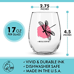 Dragonfly Gifts for Women - Stemless Wine Glass 2 Pc Set - 17 Oz - Spiritual Dragon Fly Gifts Decor for Home or Kitchen - Wine Tumbler Cups for Wine Coffee Tea Dragonflies Drinking Cup Mug Glasses