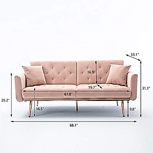 Pannow Velvet Futon Convertible Sofa Bed, Modern Tufted Sleeper Sofa Couch with 2 Pillows & 5 Golden Metal Legs, Adjustable Folding Accent Loveseat Sofa Couch for Living Room