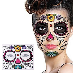 4 Pack Day of the Dead Sugar Skull Face Temporary Tattoo Halloween Makeup Tattoo Stickers for Halloween Masquerade Party(Floral, Red Roses,Black and Floral Skeleton)