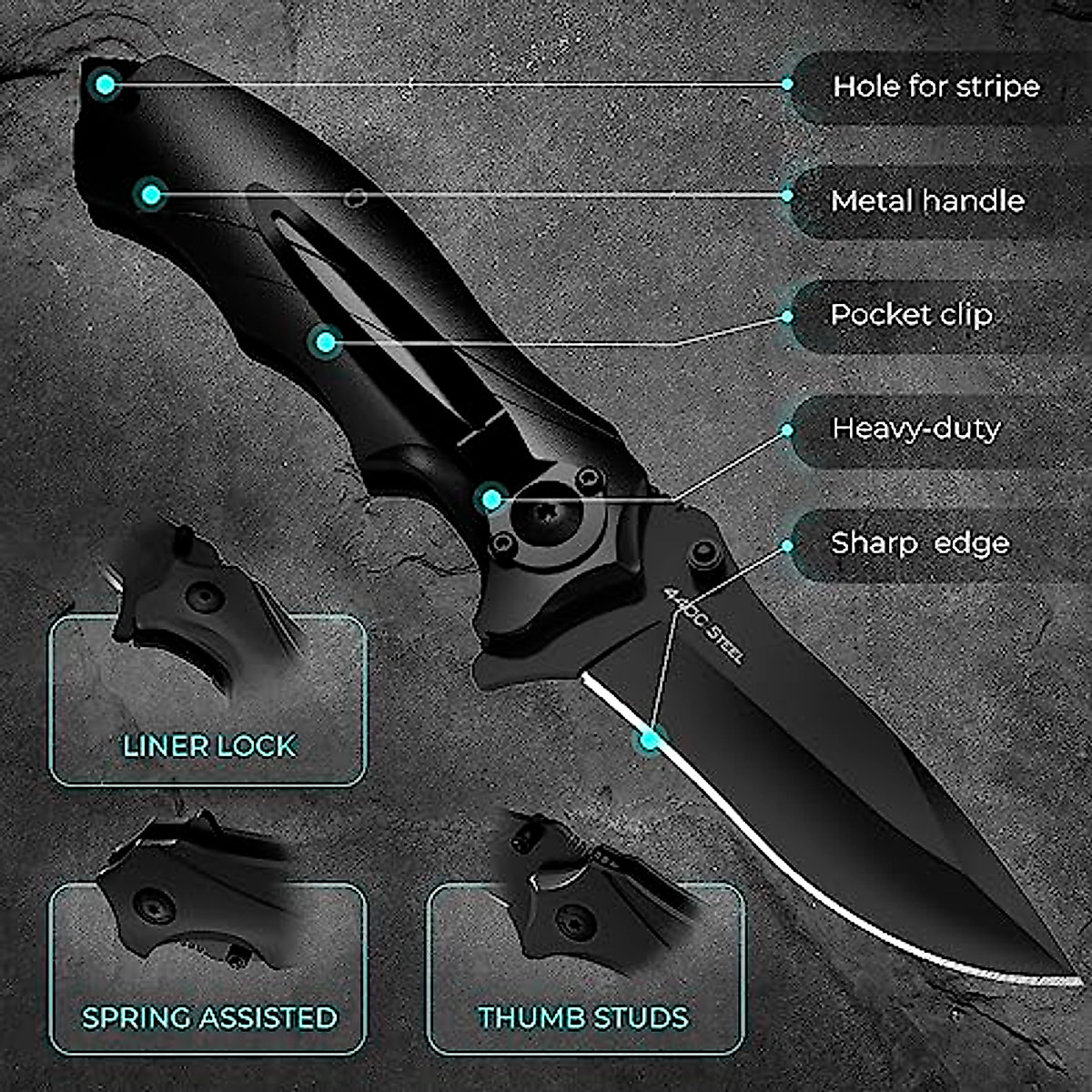 Tactical Knife for Men - Black Pocket Knife - Best Spring Assisted Knife with Glass Breaker and Pocket Clip - Cool Folding Knives for Military Work Self Defense Camping - Birthday Gifts for Dad 6495 B