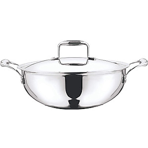 Vinod Induction Friendly Platinum (TRI PLY) 18/8 Stainless Steel Extra Deep Kadai with Stainless Steel Lid (18cm, 1.1 Litre)