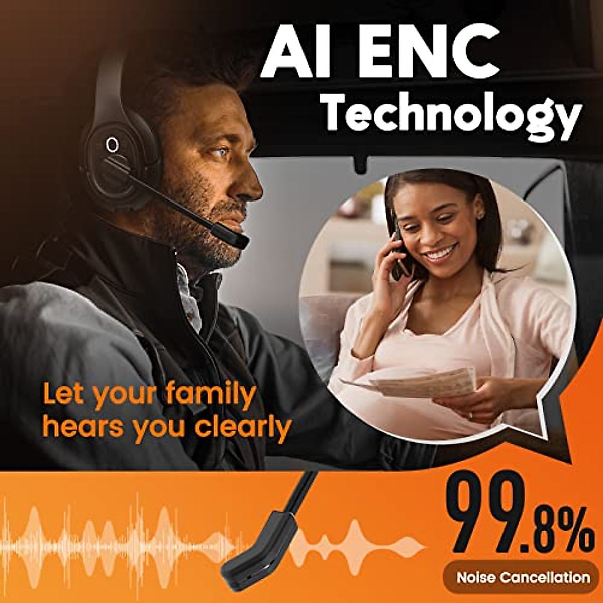 EKSA Trucker Bluetooth Headset, 164ft Wireless Headphones for PC with AI Noise Cancelling Microphone & USB Dongle, 57Hrs Worktime, Computer Headset with Mute Button for Cell Phone Office Work Skype