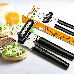 Can Opener Manual Heavy Duty Handheld Can Opener Smooth Edge Comfortable Grip Safety Can Openers, Sharp Cutting Wheel, Oversized Easy Turn Knob, Built-in Bottle Opener