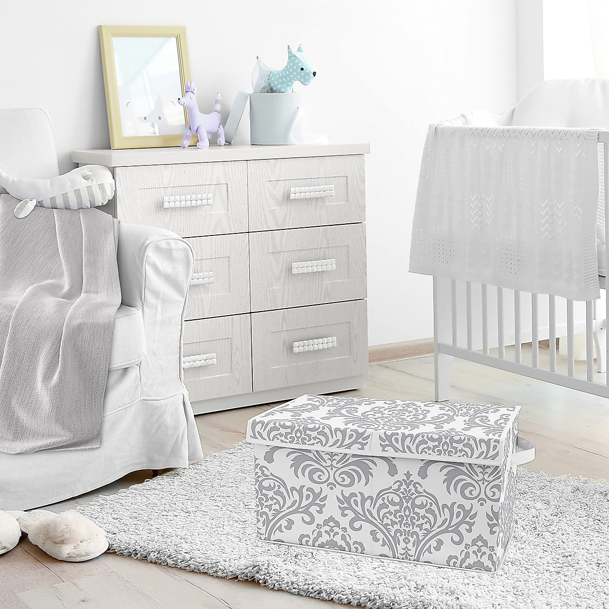 Sweet Jojo Designs Grey Damask Girl Small Fabric Toy Bin Storage Box Chest For Baby Nursery or Kids Room - Gray and White for Pink and Turquoise Skylar Collection