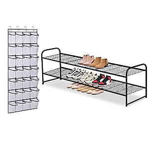 AOODA 28 Large Mesh Pockets Over The Door Shoe Organizer Hanging, 2 Tier Metal Long Shoe Rack for Closet Wide Low Shoe Shelf, 2 Item Bundle