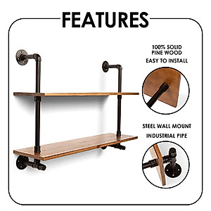 Pipe Floating Shelves, 2 Tier Wall Shelf with Towel Bar, Industrial Pipe Floating Shelves, Wall Mount Bookshelf for Bedroom, Kitchen, Living Room, Hanging Bookshelf 35.5 in L