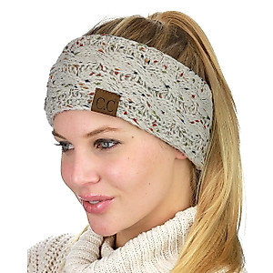 C.C Soft Stretch Winter Warm Cable Knit Fuzzy Lined Ear Warmer Headband, Confetti Oatmeal
