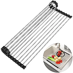 Cuteadoy Dish Drying Rack,18.5’’x13.3’’ Multipurpose Kitchen Roll Up Dish Rack Foldable Stainless Steel Drain Rack Over The Sink Drying Rack for Vegetable Fruit and Dish