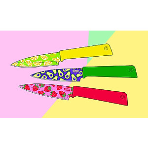 Kuhn Rikon Colori+ Non-Stick Straight Paring Knife with Safety Sheath, 4 inch/10.16 cm Blade, Funky Fruit Citrus