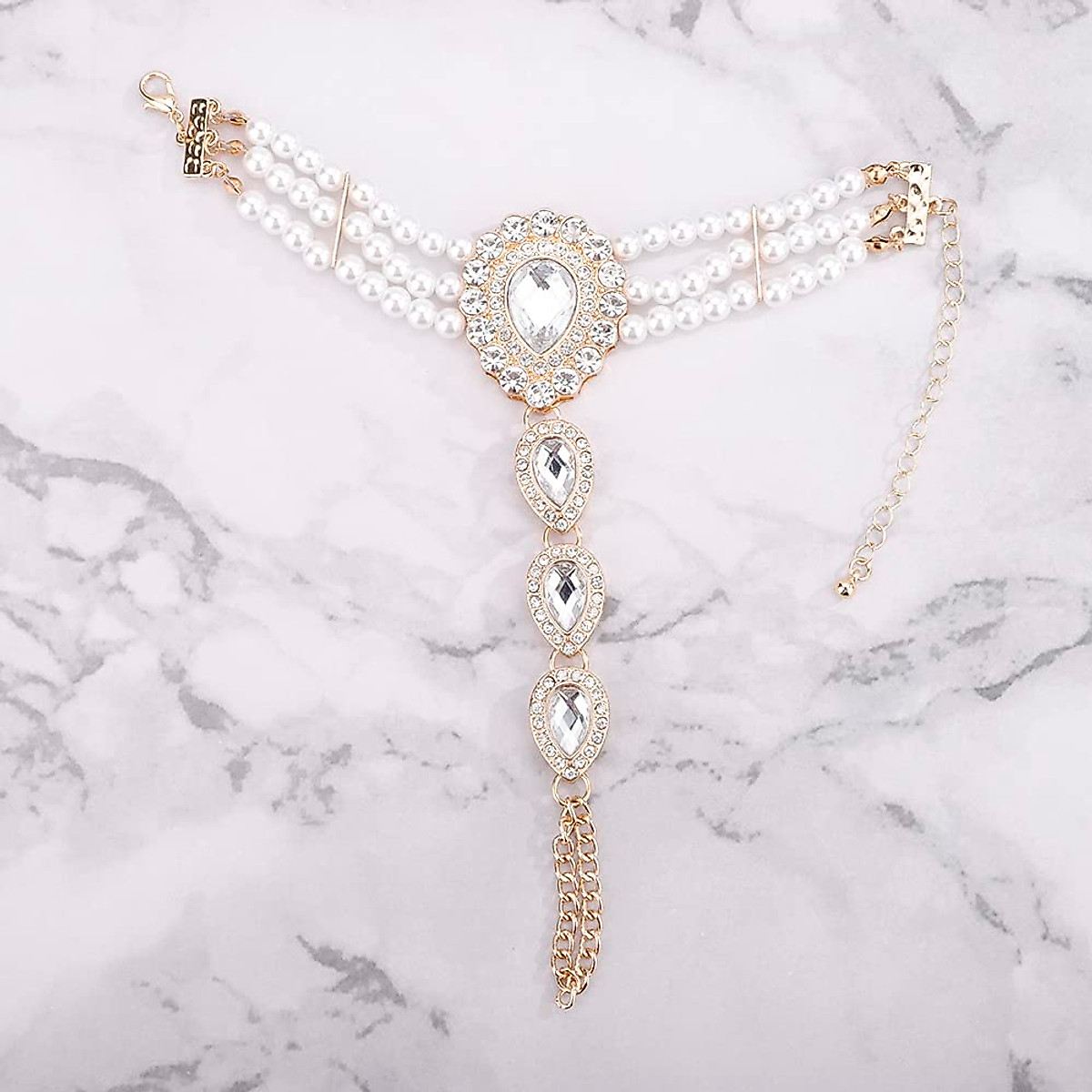 Denifery Vintage 1920S Flapper Pearl Bracelet Rhinestone Finger Ring Link Bracelet Stretch Adjustable Hand Chain for Wedding Brides