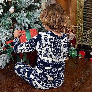 PATPAT Matching Christmas Pajamas for Family Vacation Cute Print One-Piece Navy Pajamas Hooded Sleepwear Reindeer snowflake Nightwear With hat Women L