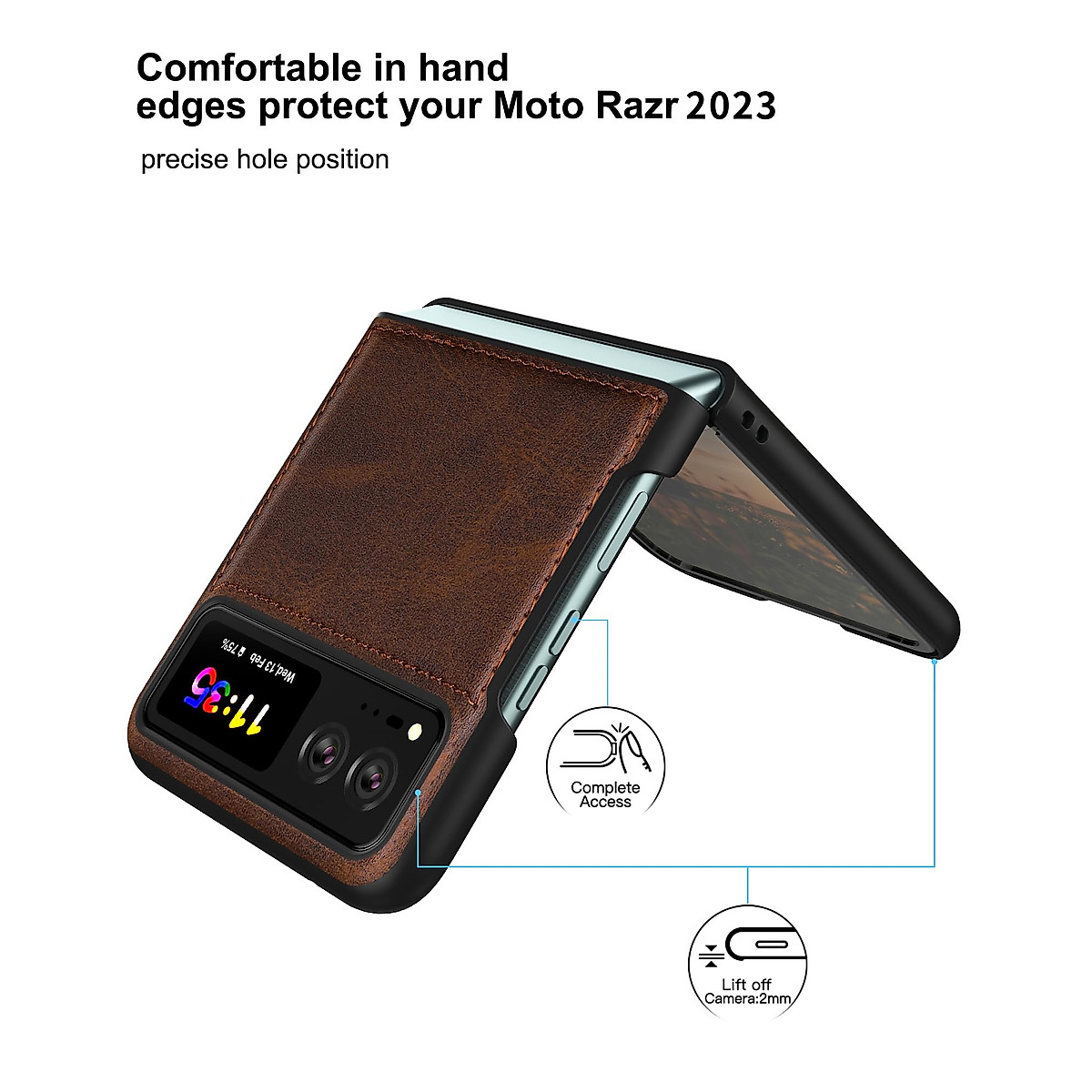 Foluu for Motorola Razr 2023 Case [Not fit Razr Plus 2023], Moto Razr 2023 Leather Case, PU Leather + Hard PC Shell Ultra Thin Slim Durable Protective Phone Case Cover for Motorola Razr 2023 Brown