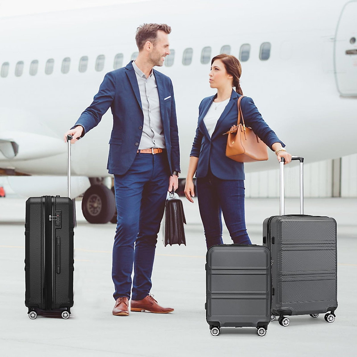 Kono 3 Piece Luggage Sets Expandable(only 28") Lightweight with Spinner Wheels TSA Lock Hardside Travel Rolling Suitcases 20in 24in 28in Carry on Black