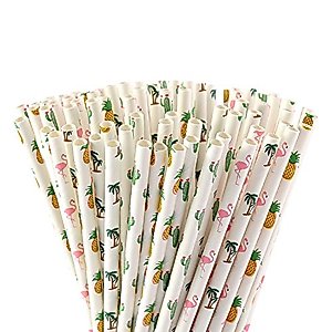 ALINK Hawaiian Tropical Party Paper Straws, Flamingo/Pineapple/Cactus/Coconut Tree Biodegradable Straws for Beach Cocktail Luau Decorations, Pack of 100