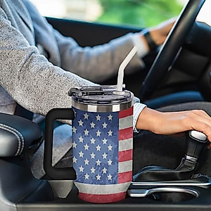 Water Bottle with Lid And Straw, Large Capacity Red Blue White American Flag 40 oz Travel Stainless Steel Cups, Handle Insulated Tumblers for Men, Women