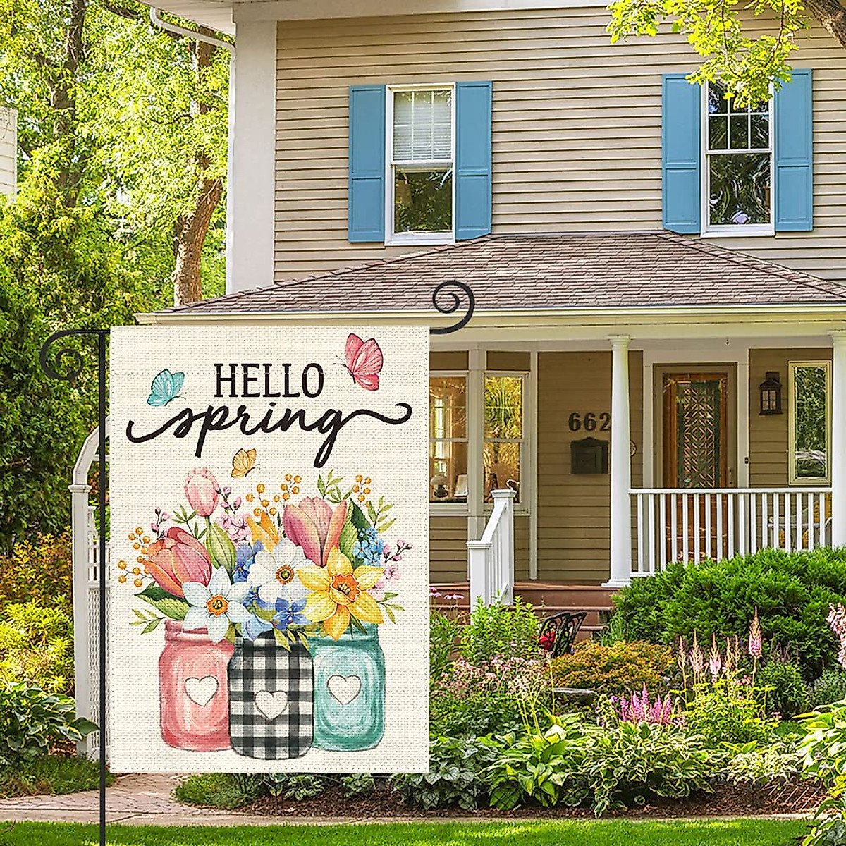 AVOIN colorlife Hello Spring Garden Flag 12x18 Inch Double Sided Outside, Floral Mason Jar Holiday Yard Outdoor Flag