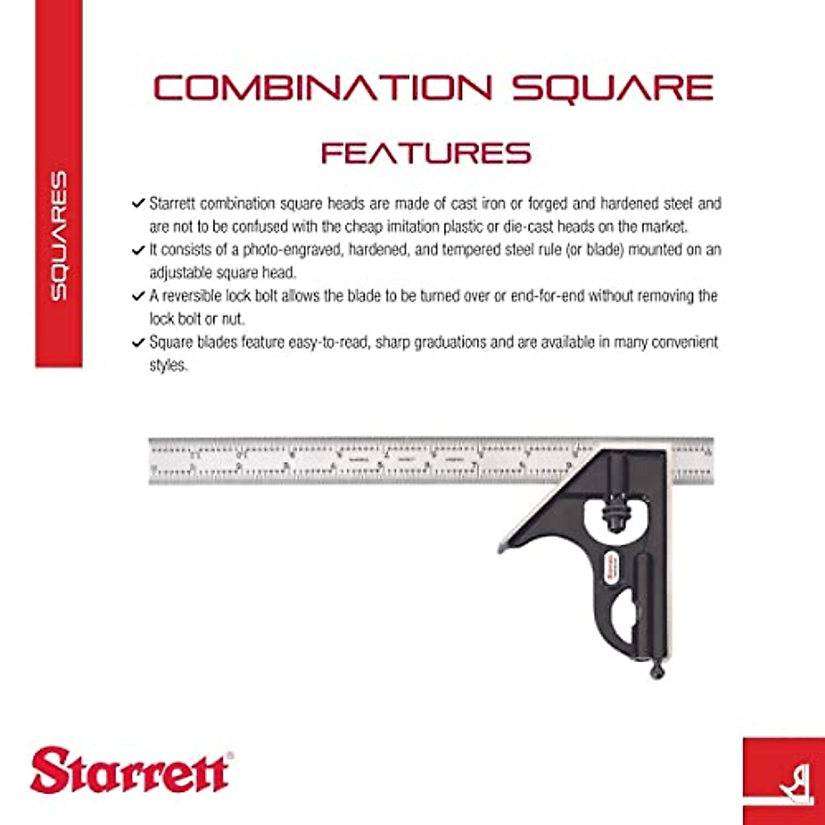 Starrett Steel Combination Square with Square Head - 12" Blade Length, Forged and Hardened Steel Heads, Reversible Lock Bolt, Scriber, 4R Graduation Type - C33H-12-4R