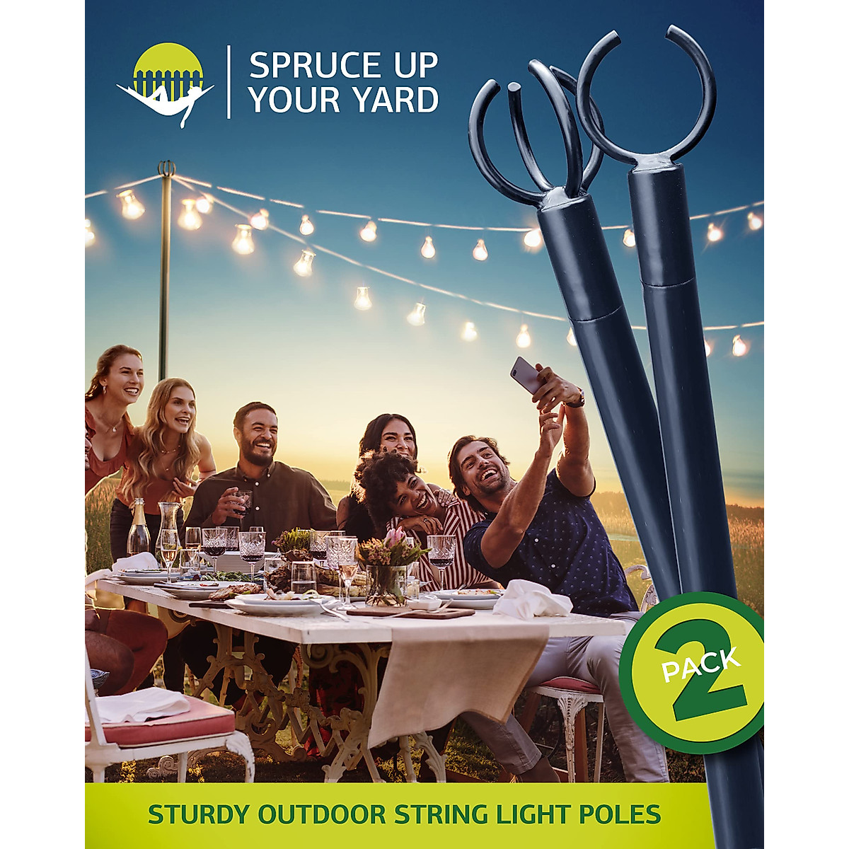 BACKYARD THERAPY Outdoor String Light Poles - 9ft Pole for Hanging Lights Outside - Galvanized & Powder Coated - Secure Ground Grip Stand - Garden, Deck, or Patio Area Lighting (2-Pack)