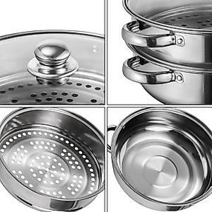 ZENFUN Steamer for Cooking, Steamer Pot with Steamer Insert, 2 Tier Stack and Steam Pot Set with Glass Lid, Stainless Steel Steamer Pot Double Handle, 11 Inch（Thickened）